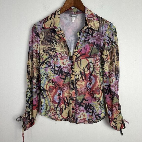 rave | Tops | Vintage Y2k Rave Stretch Grafitti Cropped Button Down Top ...